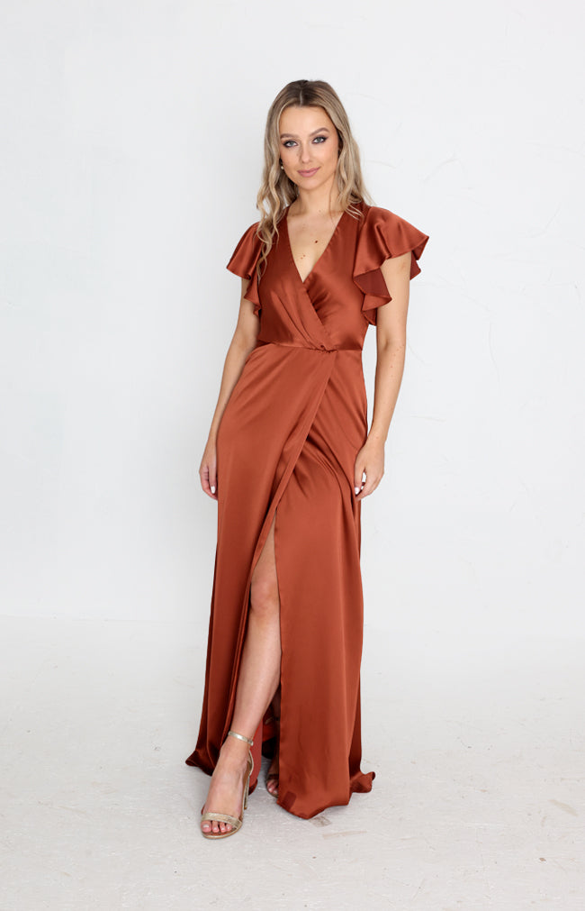 Rust Della Gown | Luxe Satin Formal Dress by Folkster