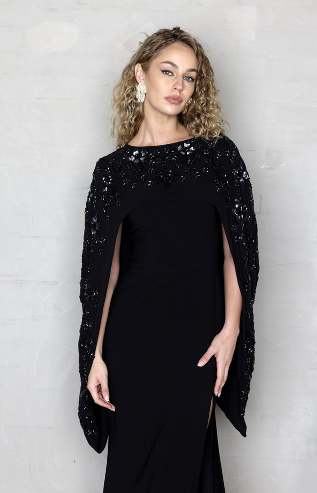 Karina Hand Embellished Cape - Black | Beaded Cape by Folkster