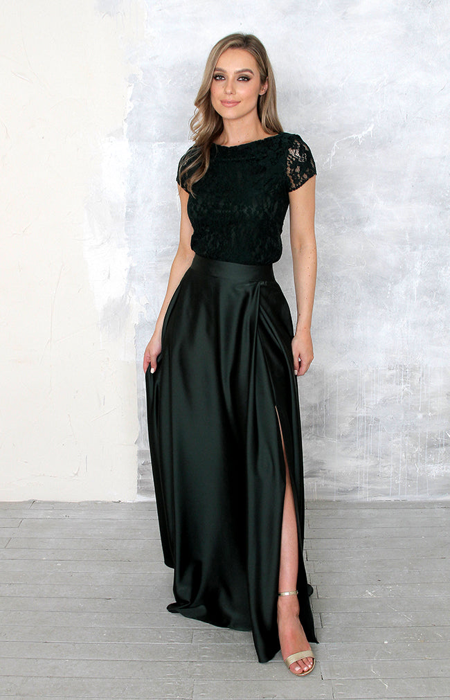 Sarena - Forest Green | Satin Long Green Skirt by Folkster